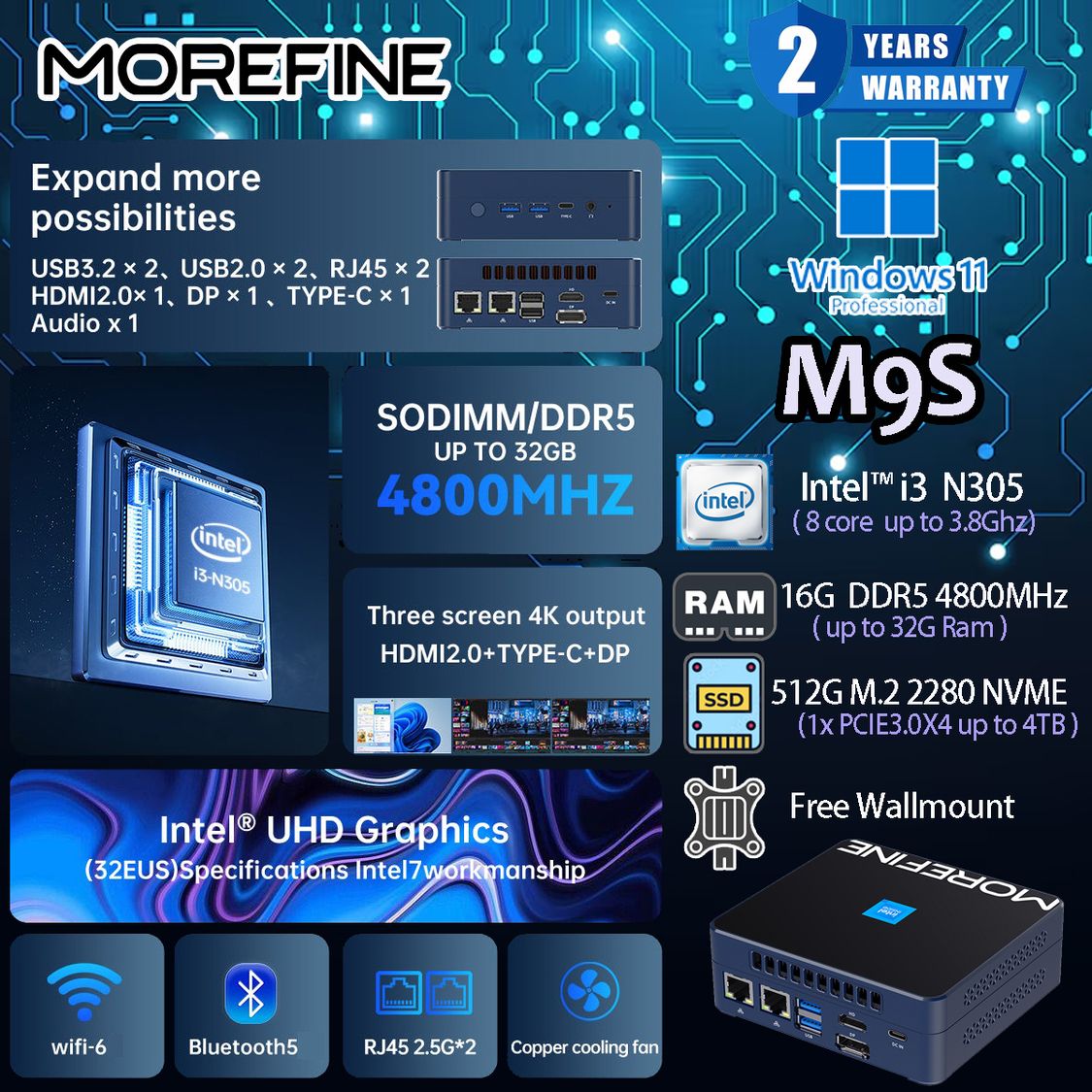 Morefine 摩方 M9S i3-N305 16G DDR5 512G M.2 WIFI6 BT5.2 WIN11 PRO Mini PC 迷你電腦｜Morefine HK 摩方 (香港)